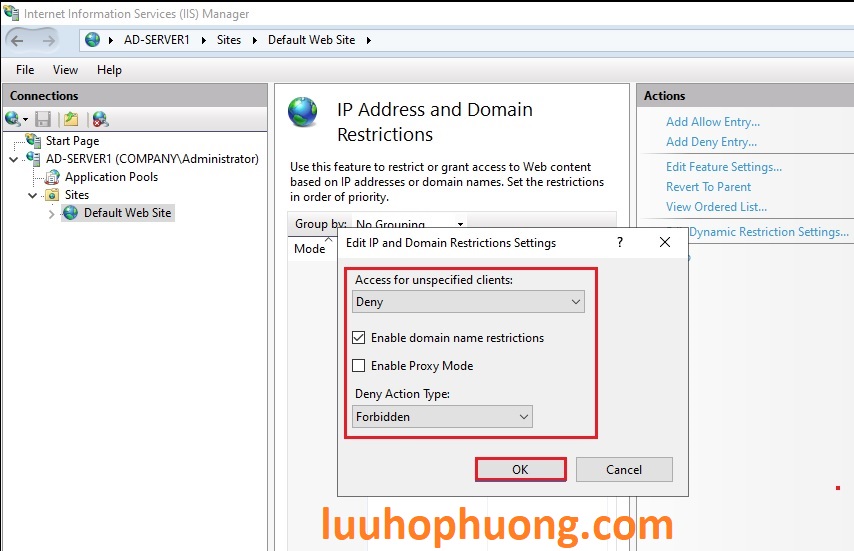 Cấu hình giới hạn địa chỉ IP và Domain trong IIS Web Server-Windows Server 2022 - Luu Ho Phuong Blog