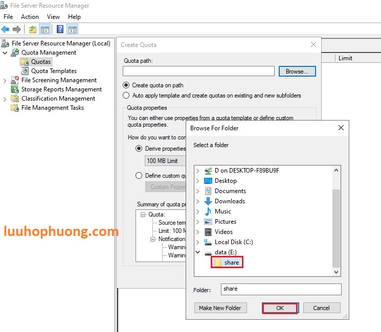 Hướng dẫn cách cấu hình giới hạn dung lượng lưu trữ (Quota) cho một Shared Folder trong Windows ...